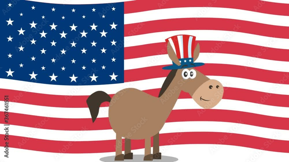 Democrat Donkey Cartoon Character With Uncle Sam Hat Over USA Flag. 4K ...