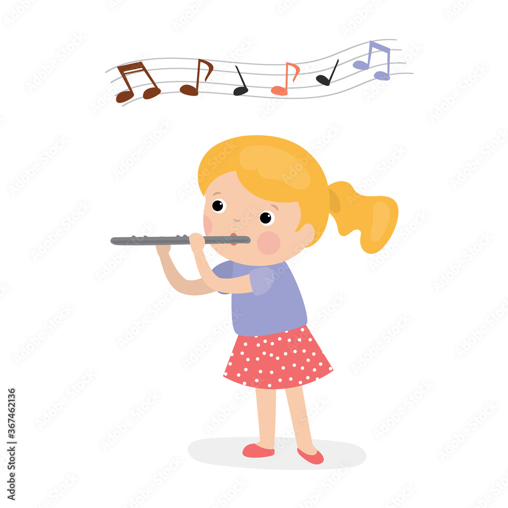 Beauty caucasian girl playing the flute. Cartoon schoollgirl with wind ...