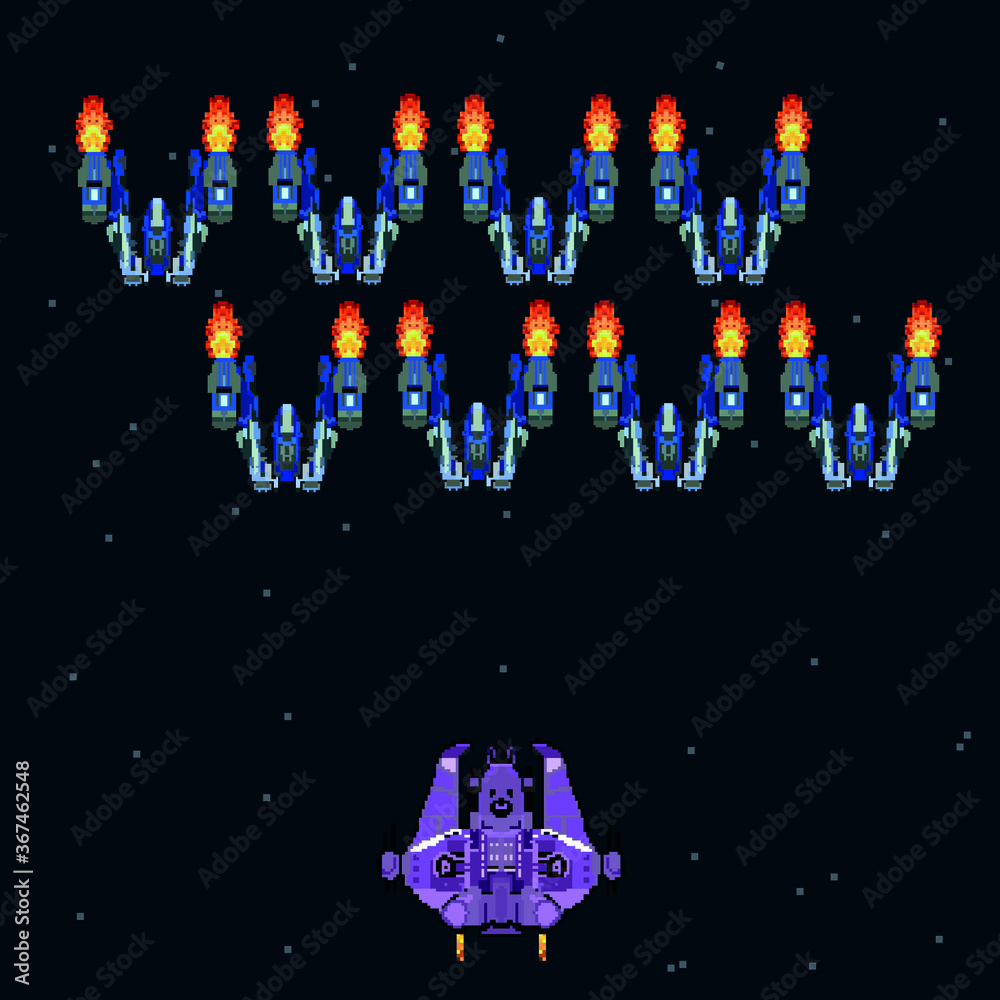 Boss battle in retro video games. military ships arcade, shooting, map ...