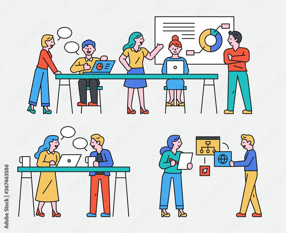 The business team is giving a presentation while sharing opinions. flat ...