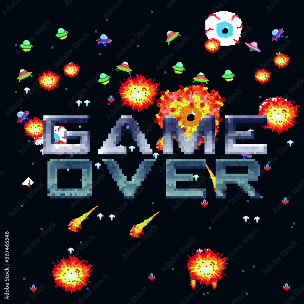 game over. Pixel art 8-bit game design. Pixel art for game design. Loss ...