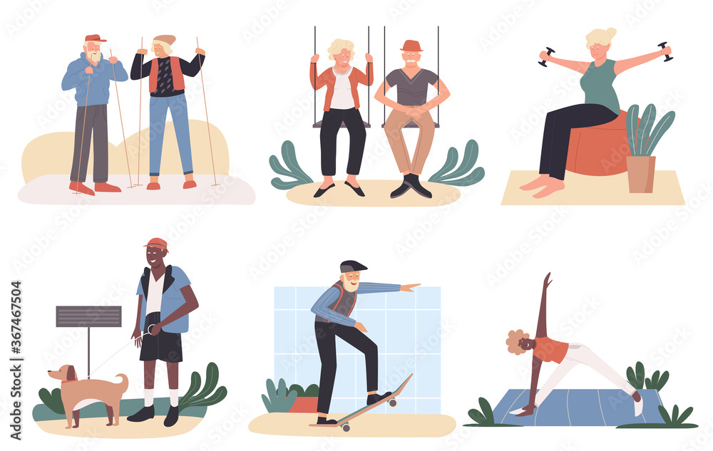 Active old people vector illustration set. Cartoon flat aged healthy ...