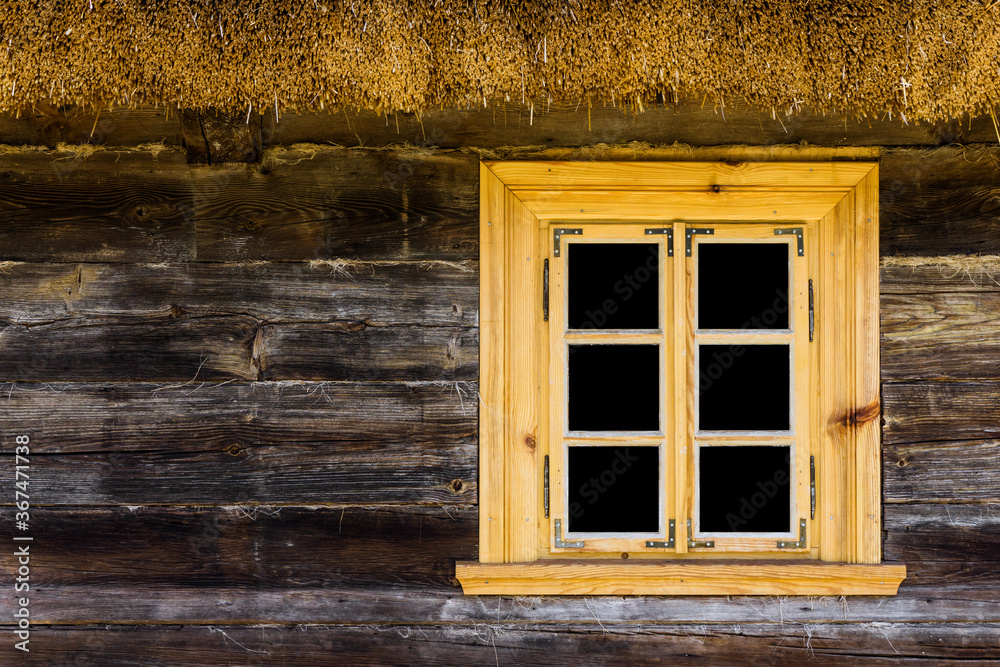 Wooden window background. Empty copy space rustic cottage house. Thatch ...
