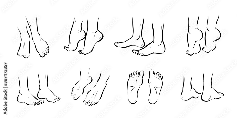 Collection of bare human man and woman feet pairs arranged in different ...