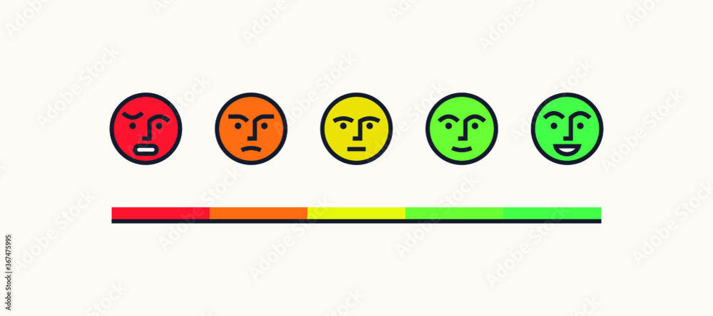 Survey emoticons scale. Emoji icons feedback buttons, colorful emotion smiles angry happy for ...