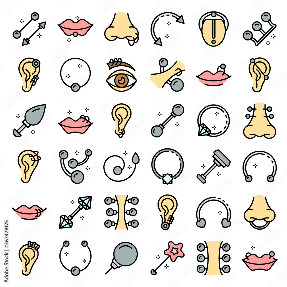 Piercing icons set. Outline set of piercing vector icons thin line ...
