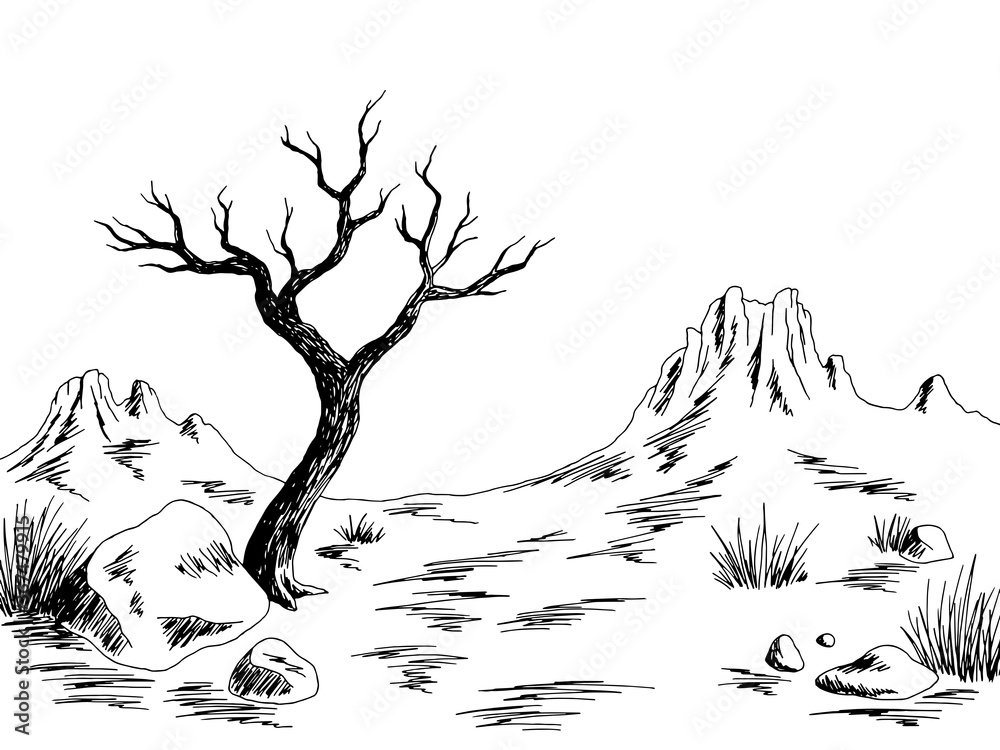 Desert graphic black white landscape dead tree sketch illustration ...