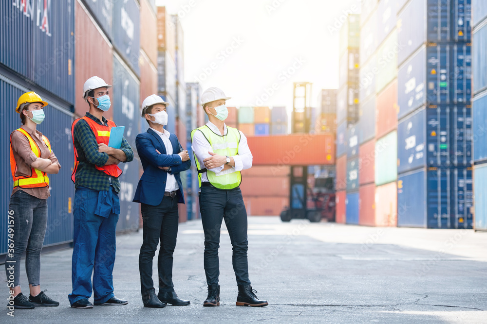 Industrial worker wear hygienic mask at logistic warehouse container ...