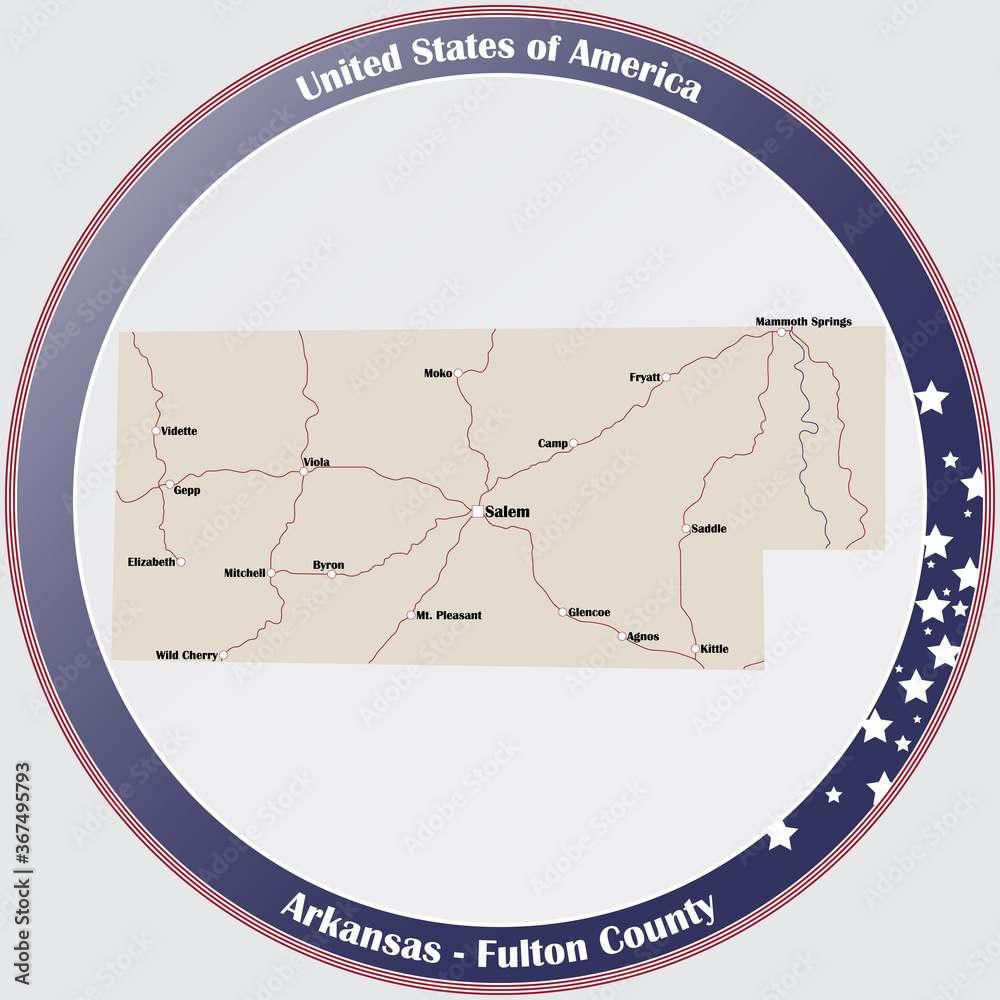 Round button with detailed map of Fulton County in Arkansas, USA. Stock ...