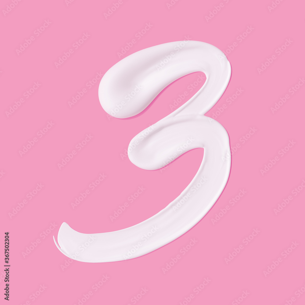 Numeral 3. Cosmetic white cream smeared number Three paint stroke ...