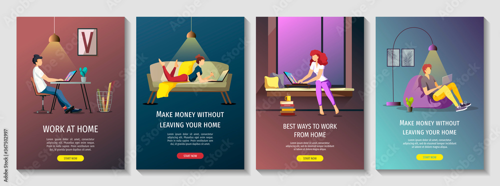 Set of flyers with people working or learning at home. Freelance, work ...
