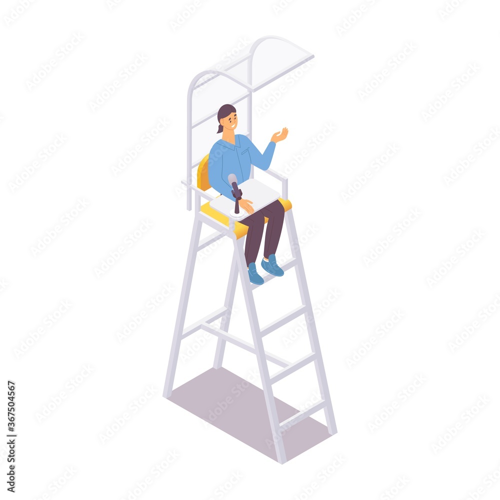 Isometric referee sits on umpire chair with a canopy for volleyball ...