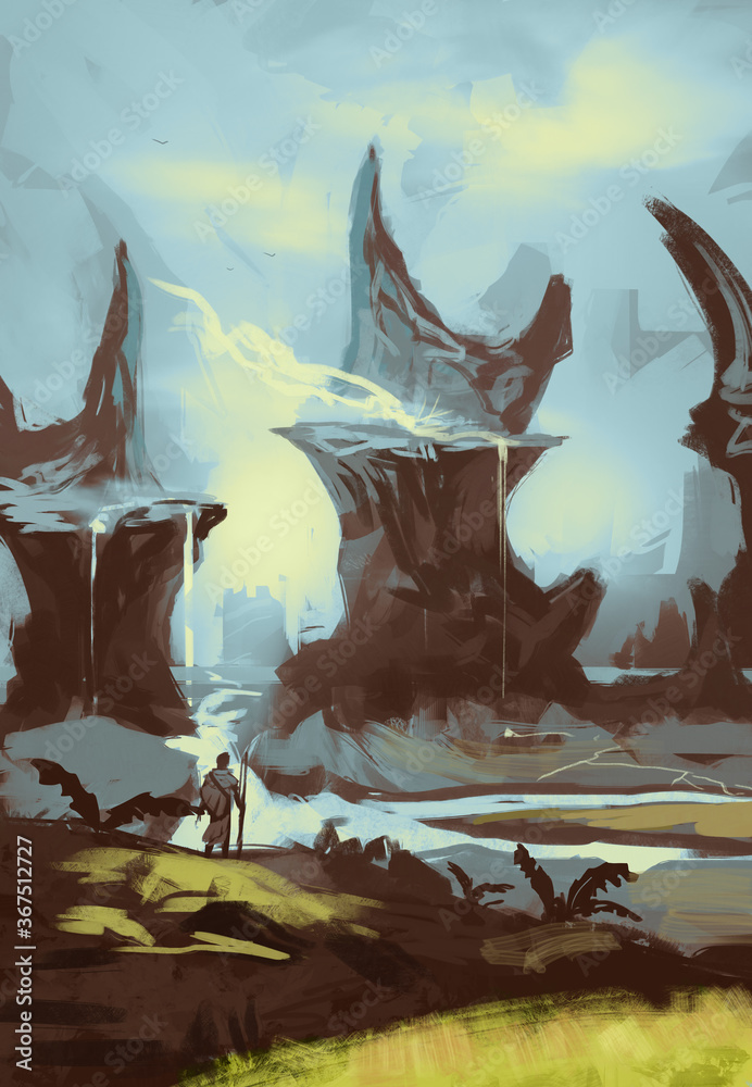 Digital landscape painting of traveler coming across strange formations ...