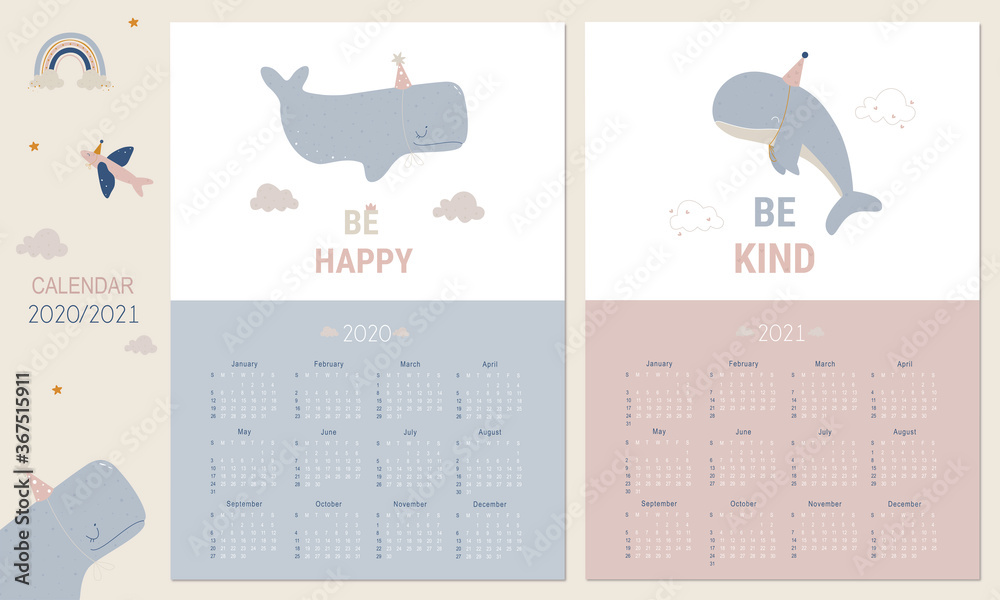 Kids calendar for 2020 year. Cute calendar for 2021 year. Baby cartoon ...
