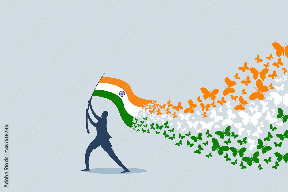 Butterflies flying from the Indian tricolour flag hoisted by a person ...