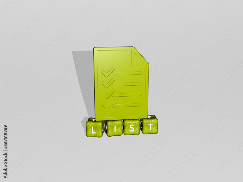 3D graphical image of LIST vertically along with text built by metallic ...