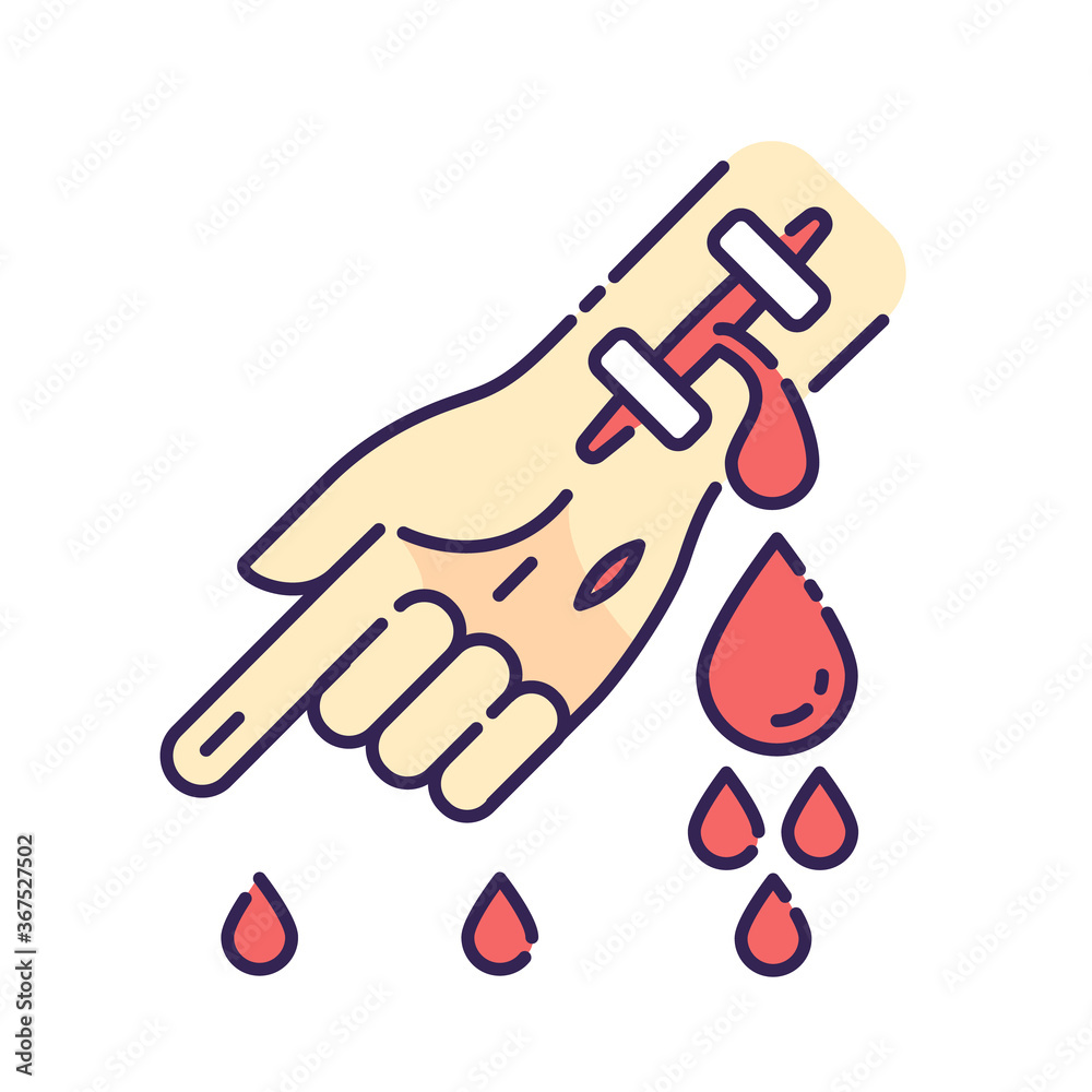 Hemophilia RGB color icon. Damaged hand with flow of blood. First aid ...