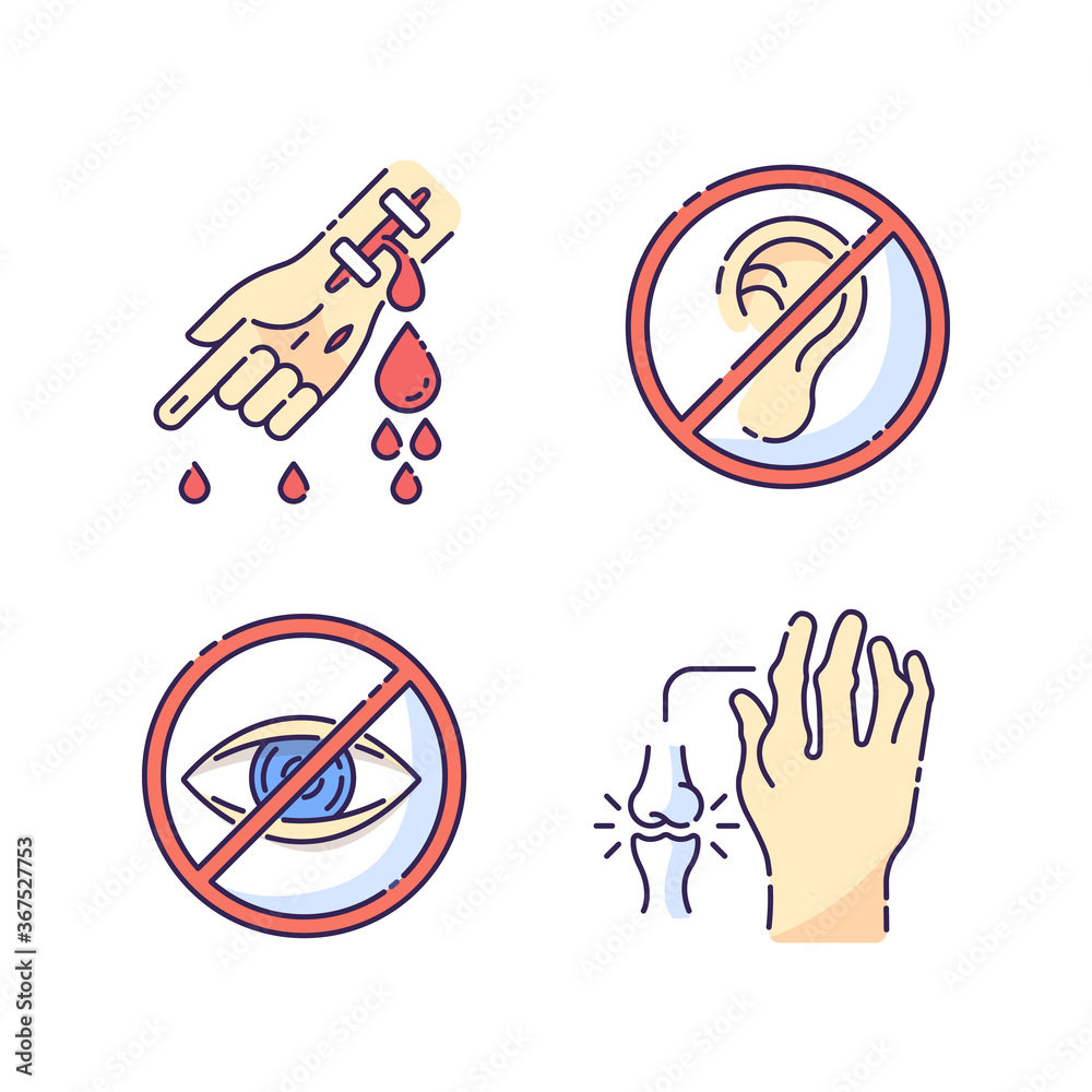 Health care problem RGB color icons set. Bleeding from hemophilia. Arm ...