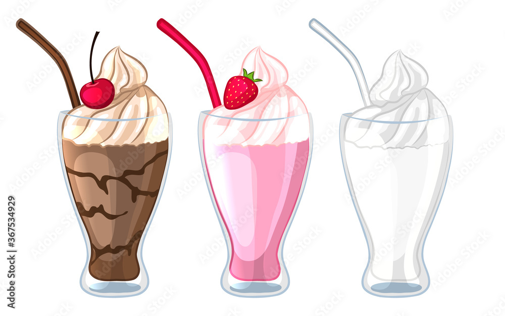 Set of different types of milkshakes. Milk, chocolate, strawberry ...