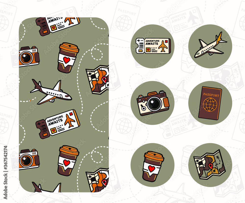 set Travel Pack Sticker Wanderlust, plane tickets passport and coffee ...