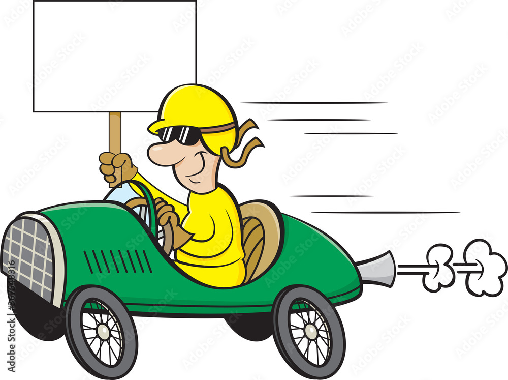 Cartoon illustration of a man wearing a helmet and goggles driving a ...