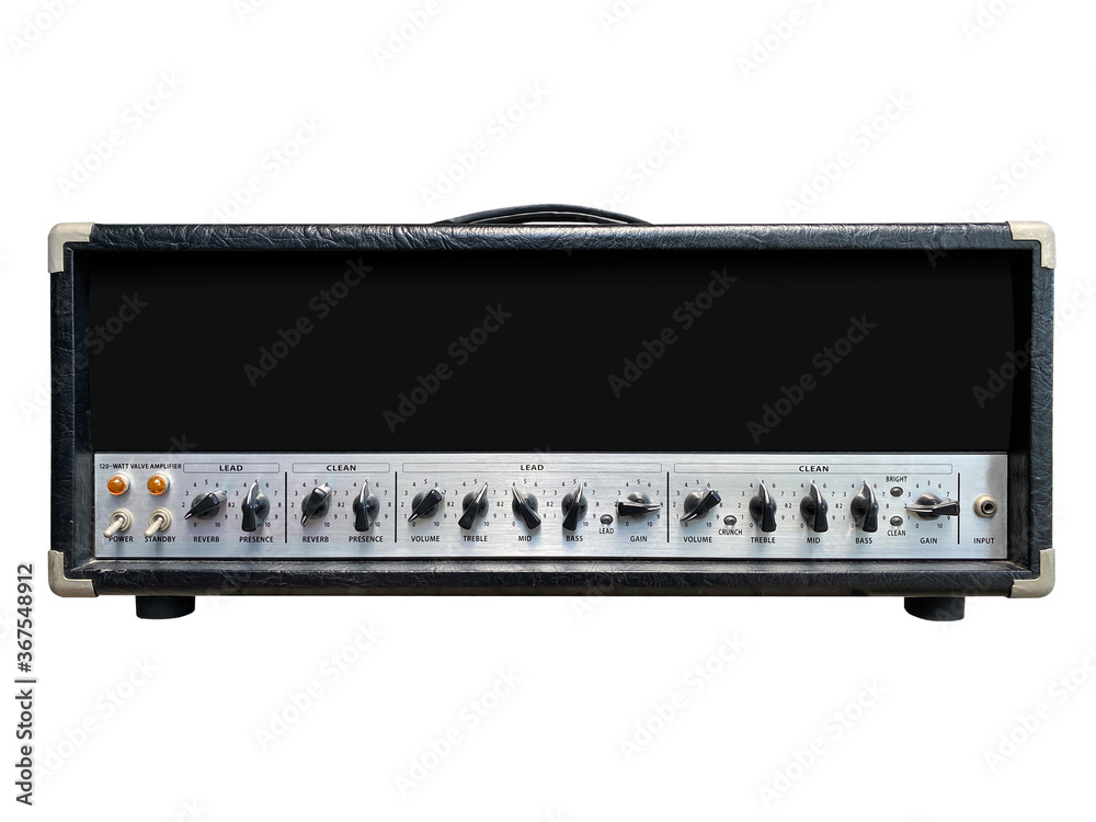 Isolated black leather and silver control panel vintage electric guitar ...