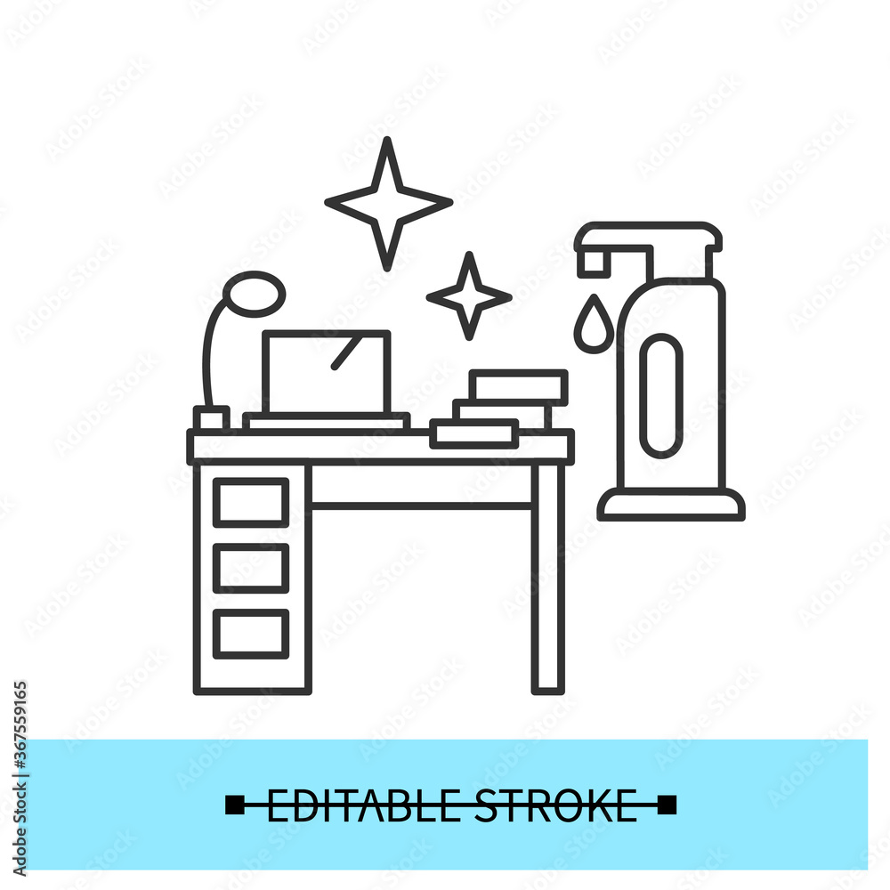 Safe workplace icon. Clean, tidy and shiny office desk with sanitizer ...