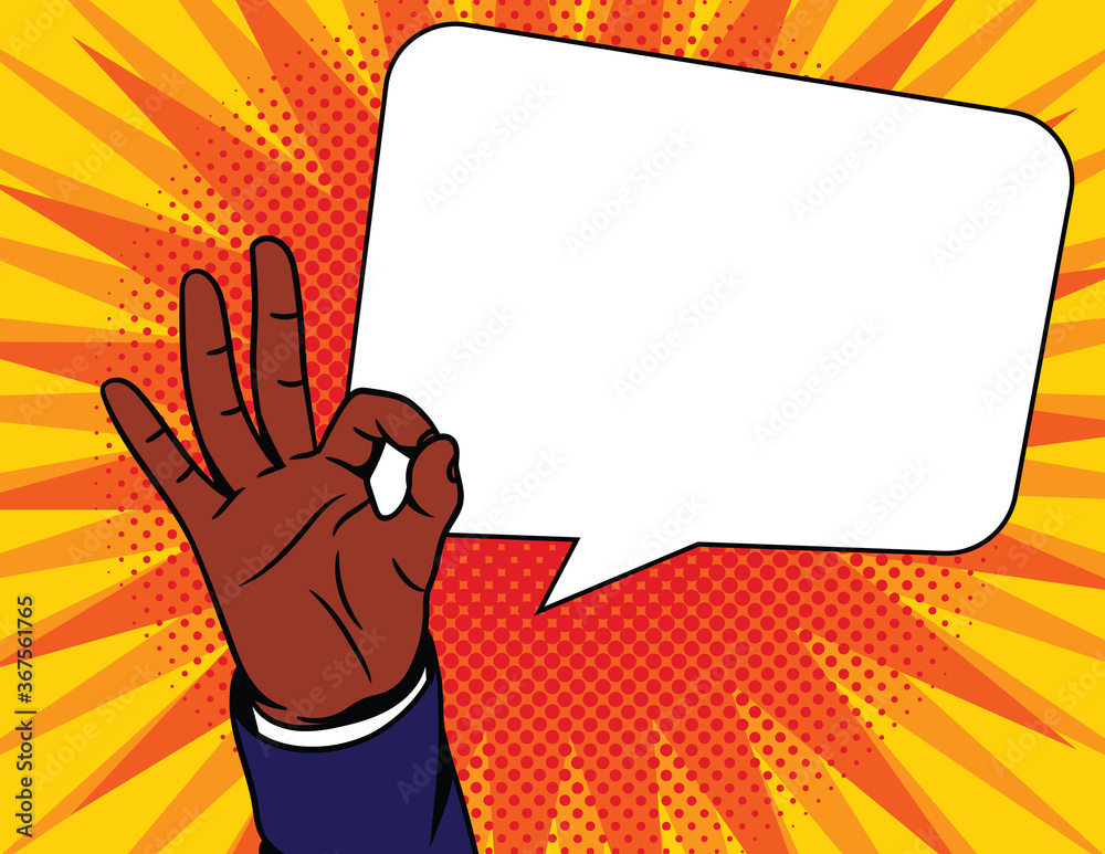 Colored vector illustration in pop art comic style. Male hand with an ...