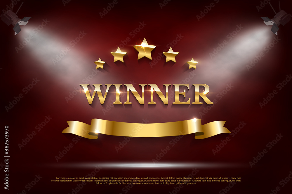 Vector 3D realistic golden sign Winner with five stars and ribbon on ...