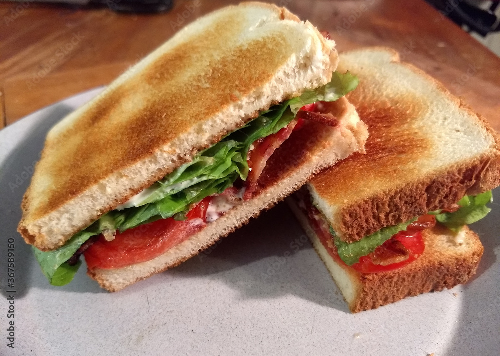 Extreme close up macro shot of traditional BLT Sandwich, Bacon, Lettuce ...