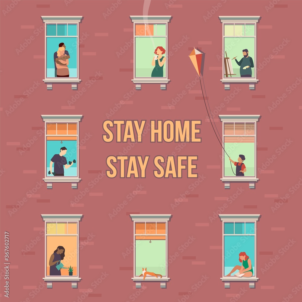 Stay home concept. House facade with windows, people look out of ...
