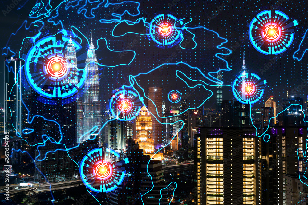 Hologram of Earth planet map on night panoramic cityscape of Kuala ...