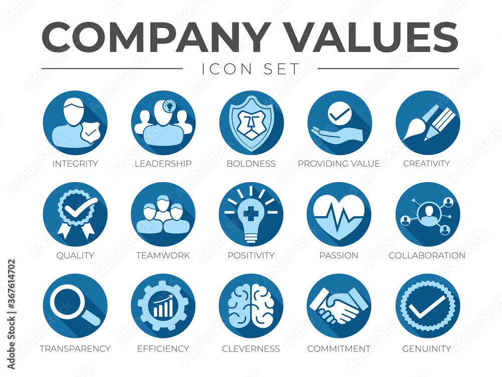Blue Flat Business Company Values Flat Round Icon Set. Integrity ...