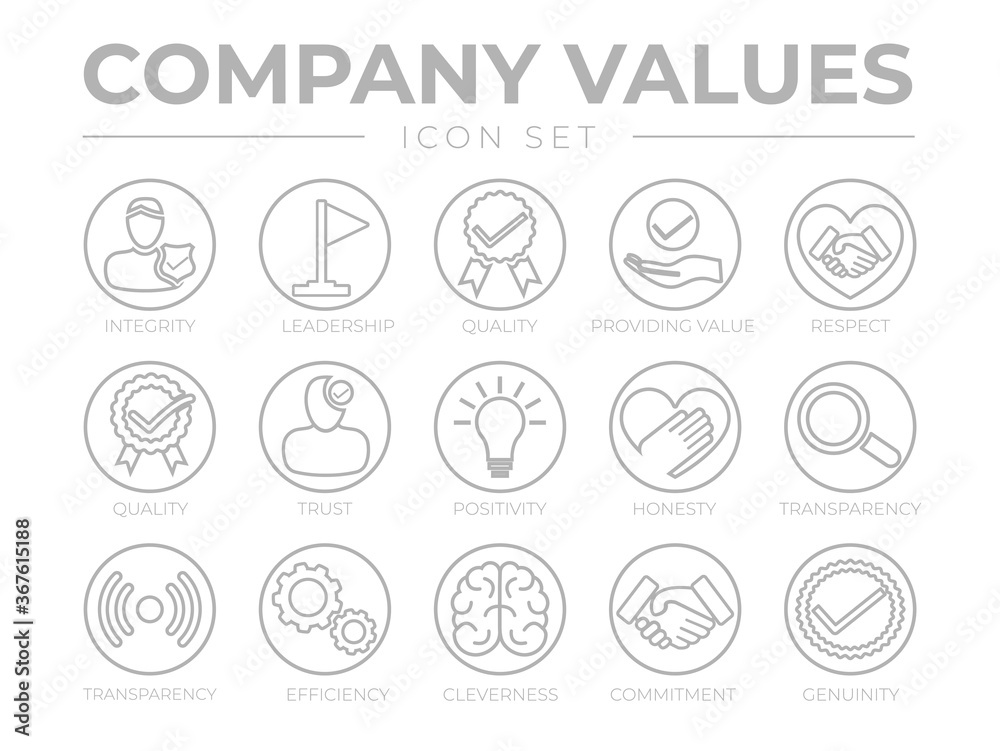Thin Outline Company Values Round Gray Icon Set. Integrity, Leadership ...