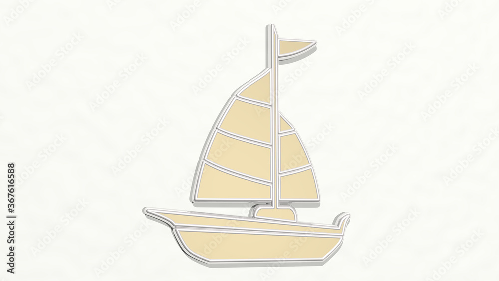wind boat on the wall. 3D illustration of metallic sculpture over a ...