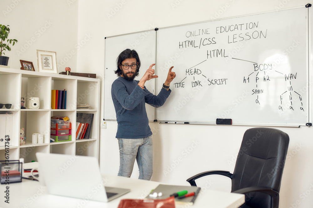 Young serious bearded male teacher wearing glasses pointing at ...