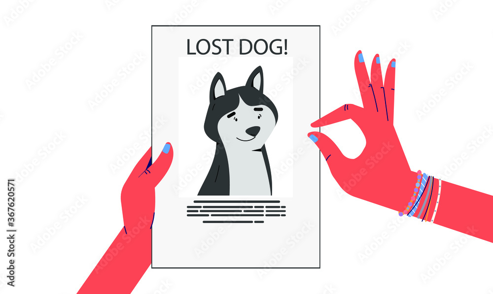 Hands holding a poster with a photo of a lost dog. Missing poster ...