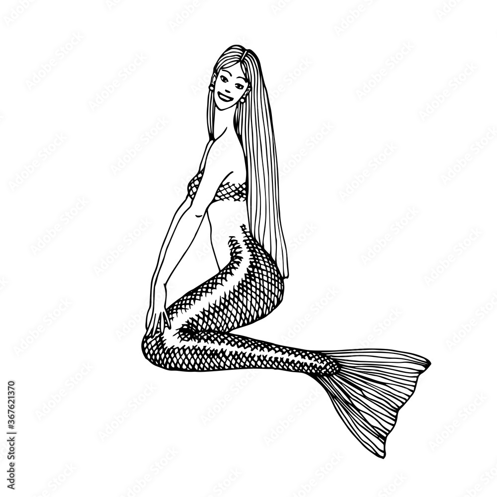 sitting young cute mermaid with fishnet tail, fantasy marine creature ...