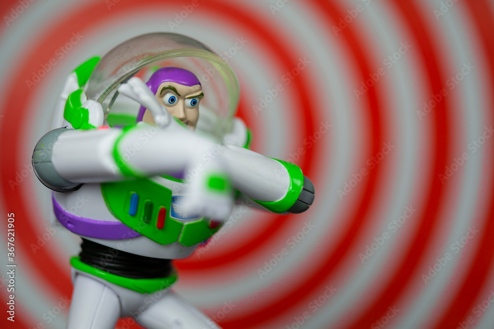 NEW YORK USA - JULY 7 2019: Buzz Lightyear in an action pose from the ...