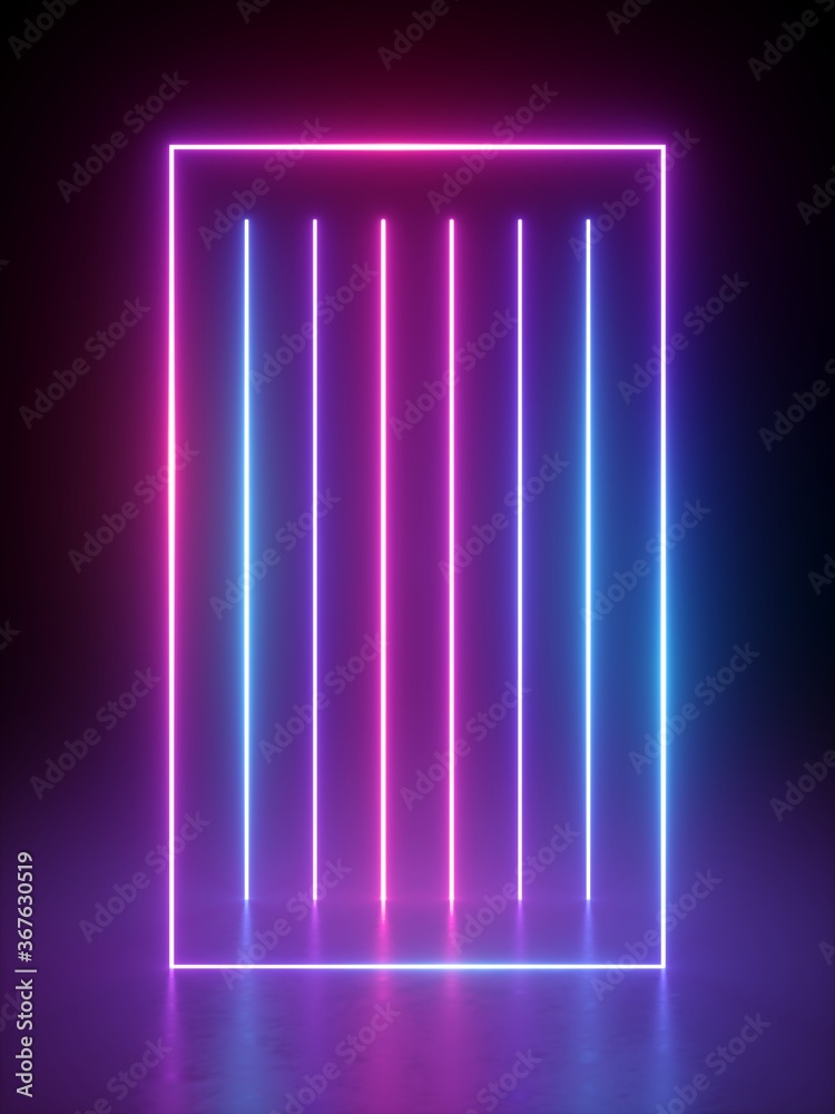 3d render, abstract vertical neon lines glowing in the dark. Laser rays ...