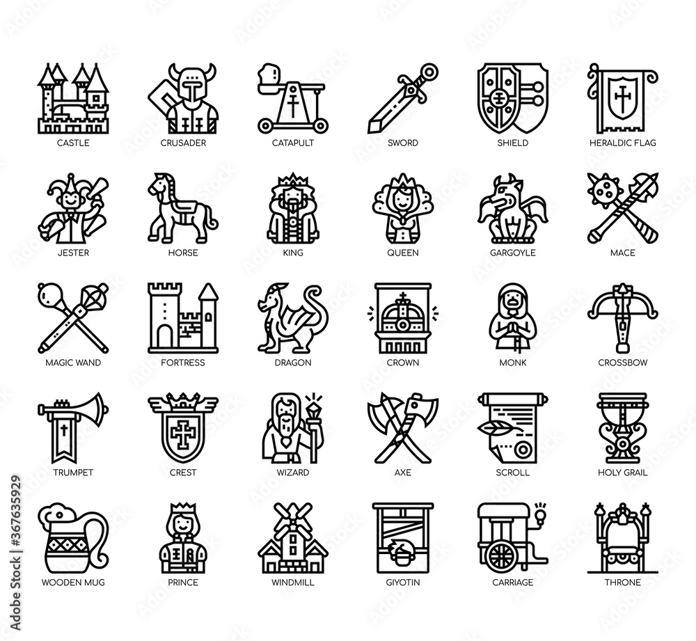 Set of medieval thin line and pixel perfect icons for any web and app ...