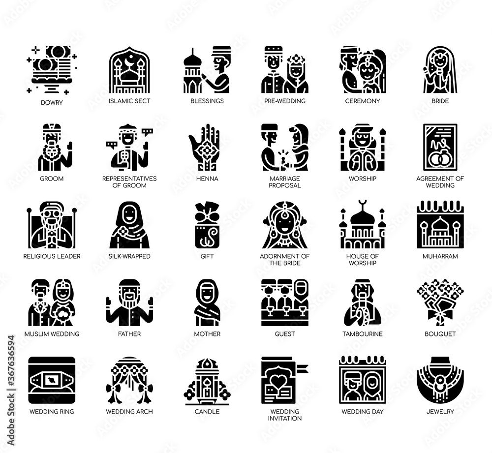 Set of muslim wedding thin line and pixel perfect icons for any web and ...