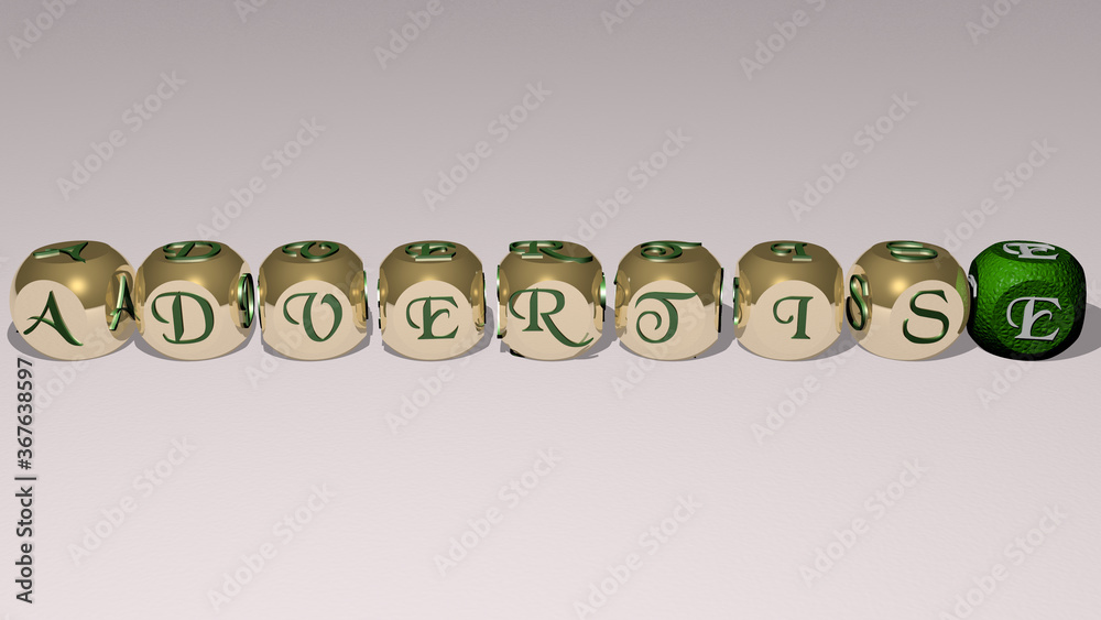 crosswords of ADVERTISE arranged by cubic letters on a mirror floor ...