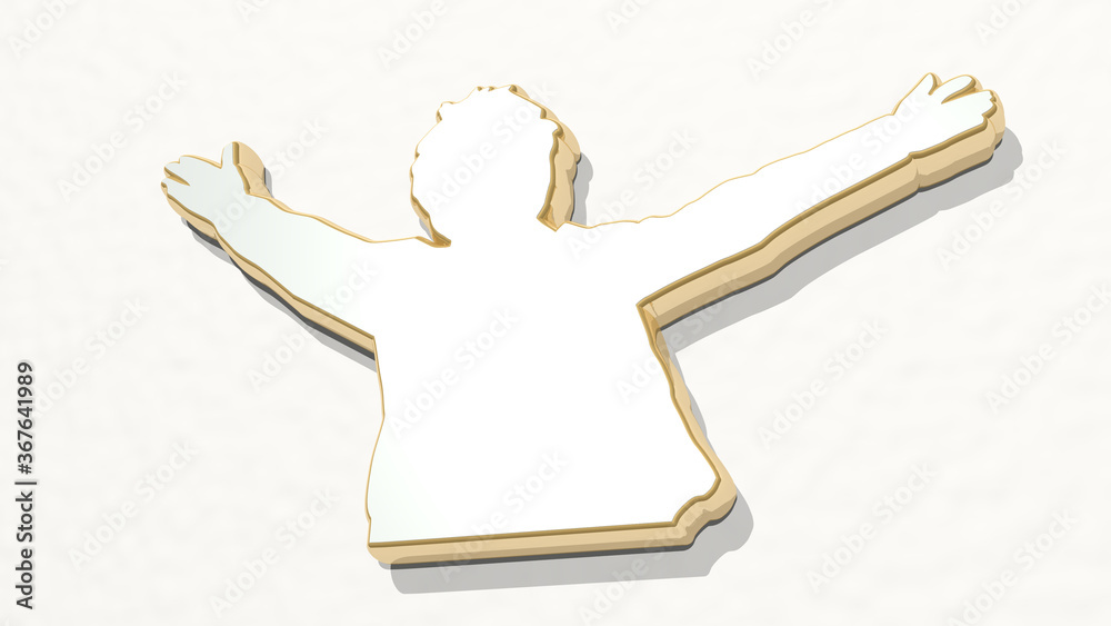 man from a perspective on the wall. A thick sculpture made of metallic ...