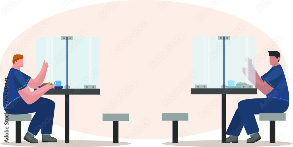 Social distancing at lunch time at the office dinner room: two workers ...