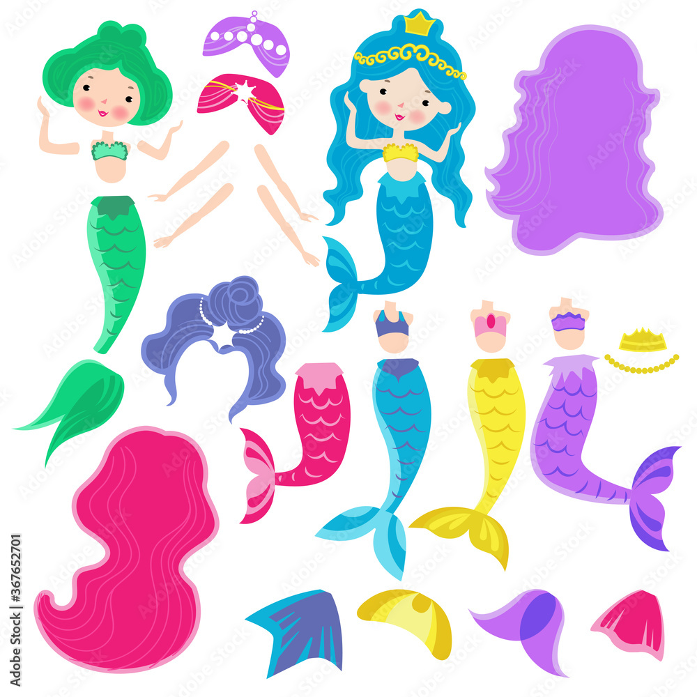 Little mermaid character constructor for animation. Front, side and ...