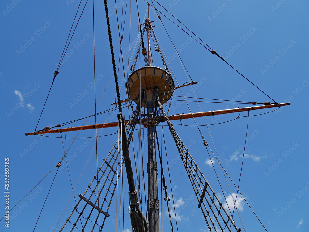 Rigging and crowsnest of old fashioned sailing ship Stock Photo | Adobe ...