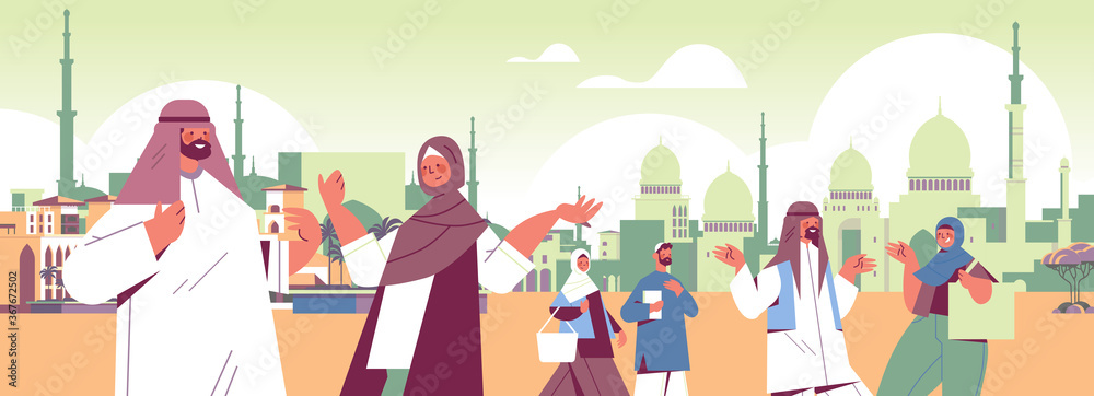 arabic people in traditional clothes walking outdoor spending time ...