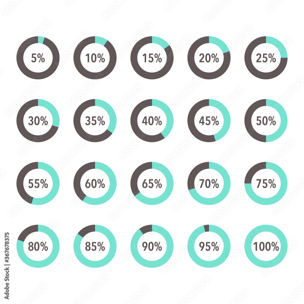 Set of green infographic percentage piecharts, segment of circle icons ...