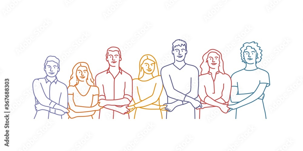 People holding hands together in a line. Hand drawn vector illustration ...